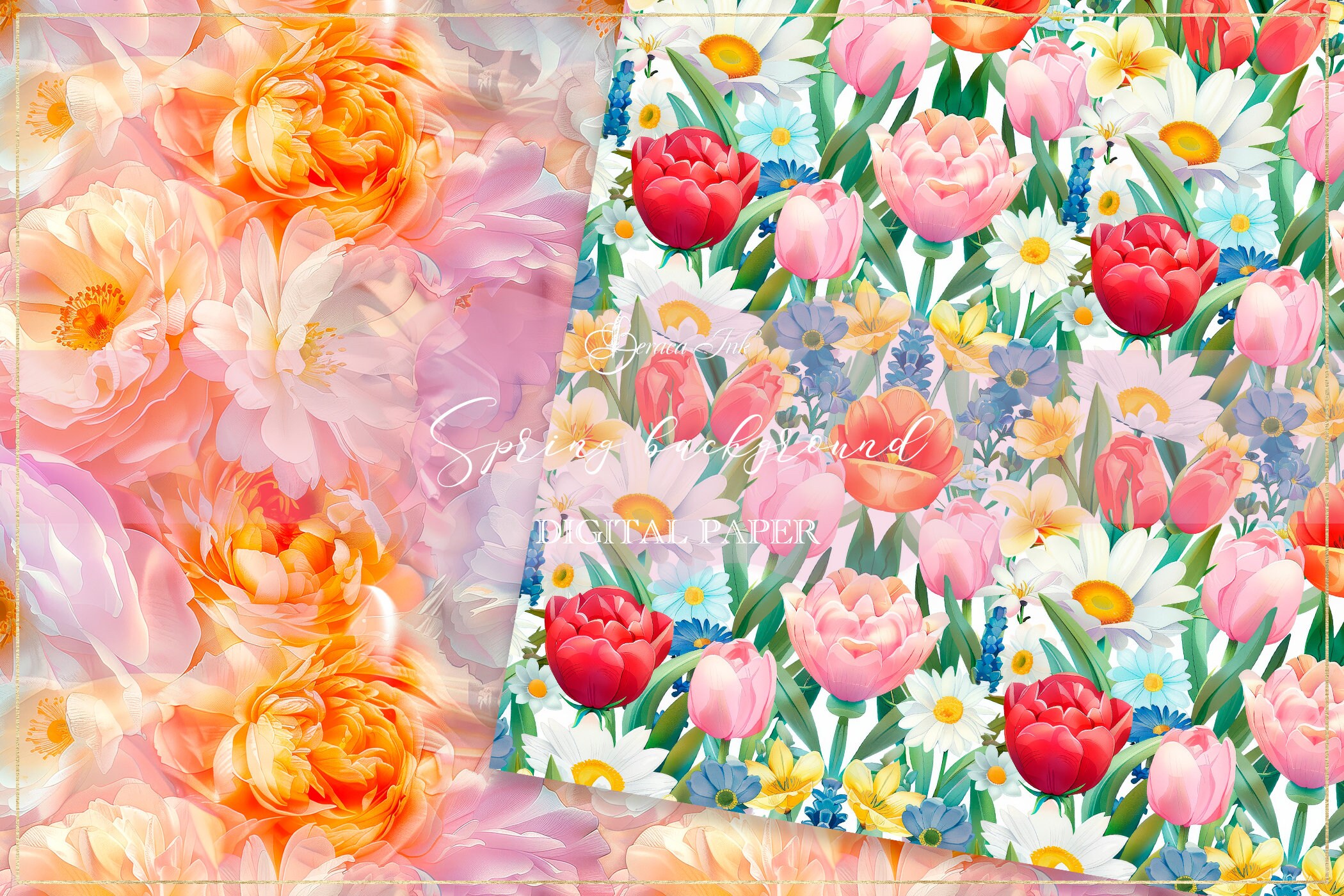Spring Background Digital Paper, Floral Seamless Pattern, Bright ...