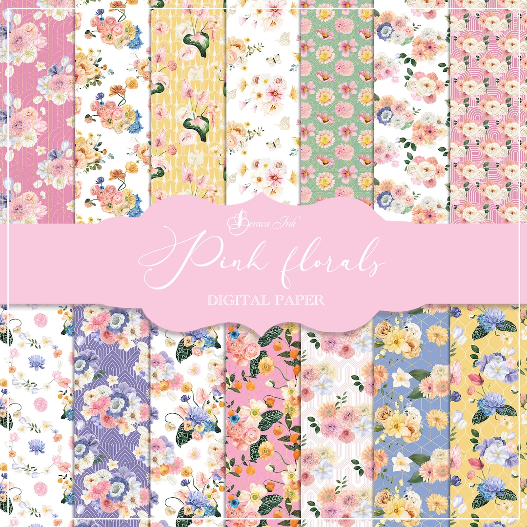 Pink Florals Digital Paper, Seamless Pattern, Boho Flowers, Fabric ...