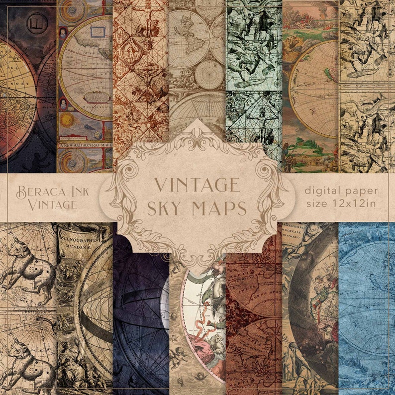 Vintage Sky Maps Digital Paper, Antique Maps, Junk Journal Paper ...