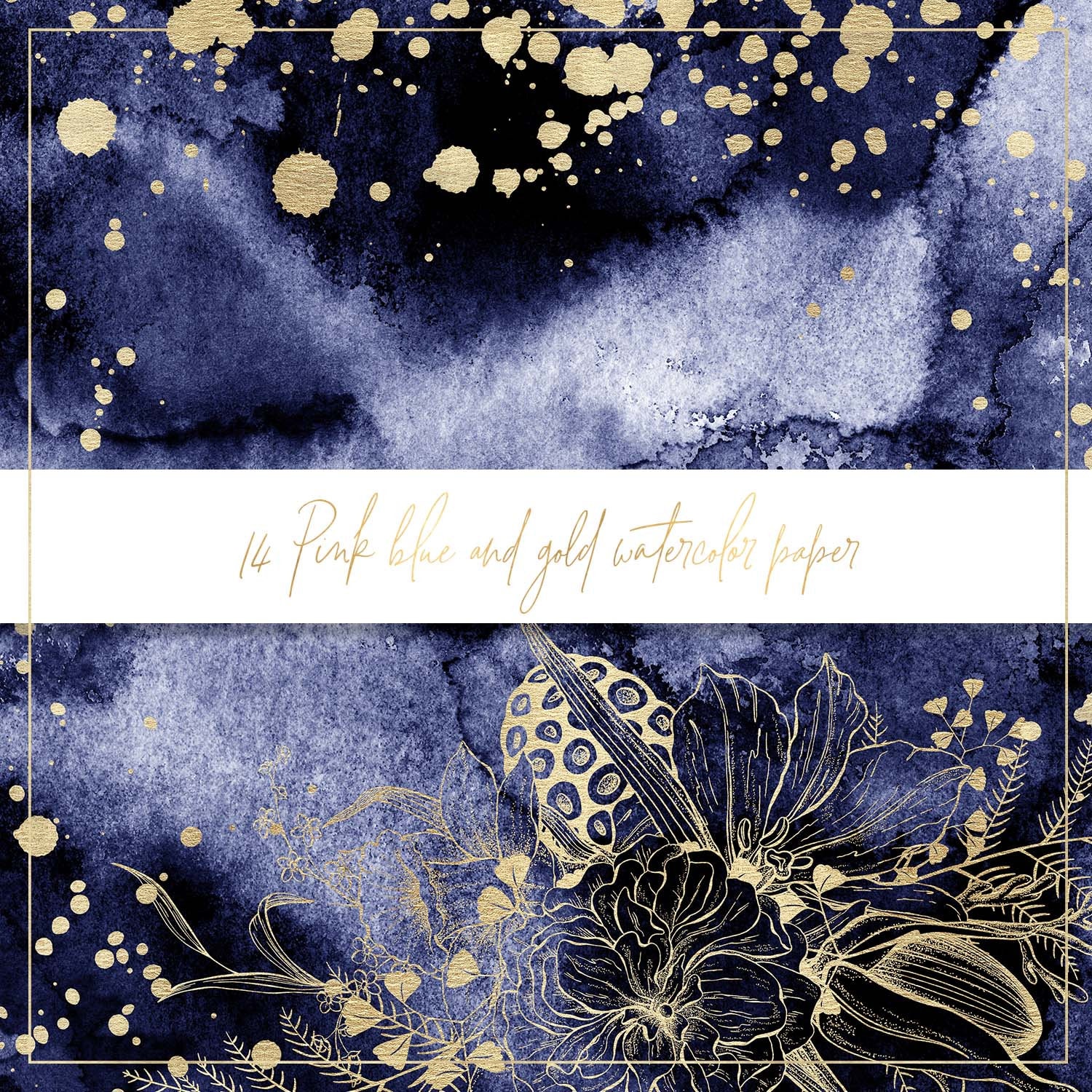 Pink and blue watercolor digital paper gold botanicals | Etsy