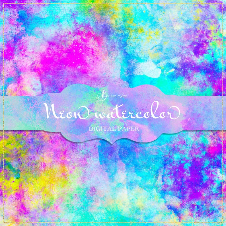 Neon Watercolor Digital Paper, Neon Gradient, Rainbow Watercolour, Neon ...