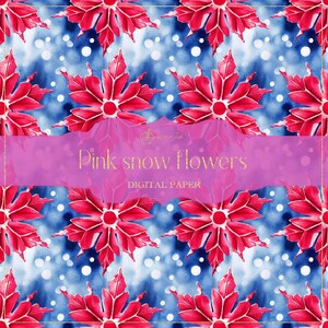 Pink Snow Flowers Digital Paper, Seamless Pattern, Winter Fantasy ...