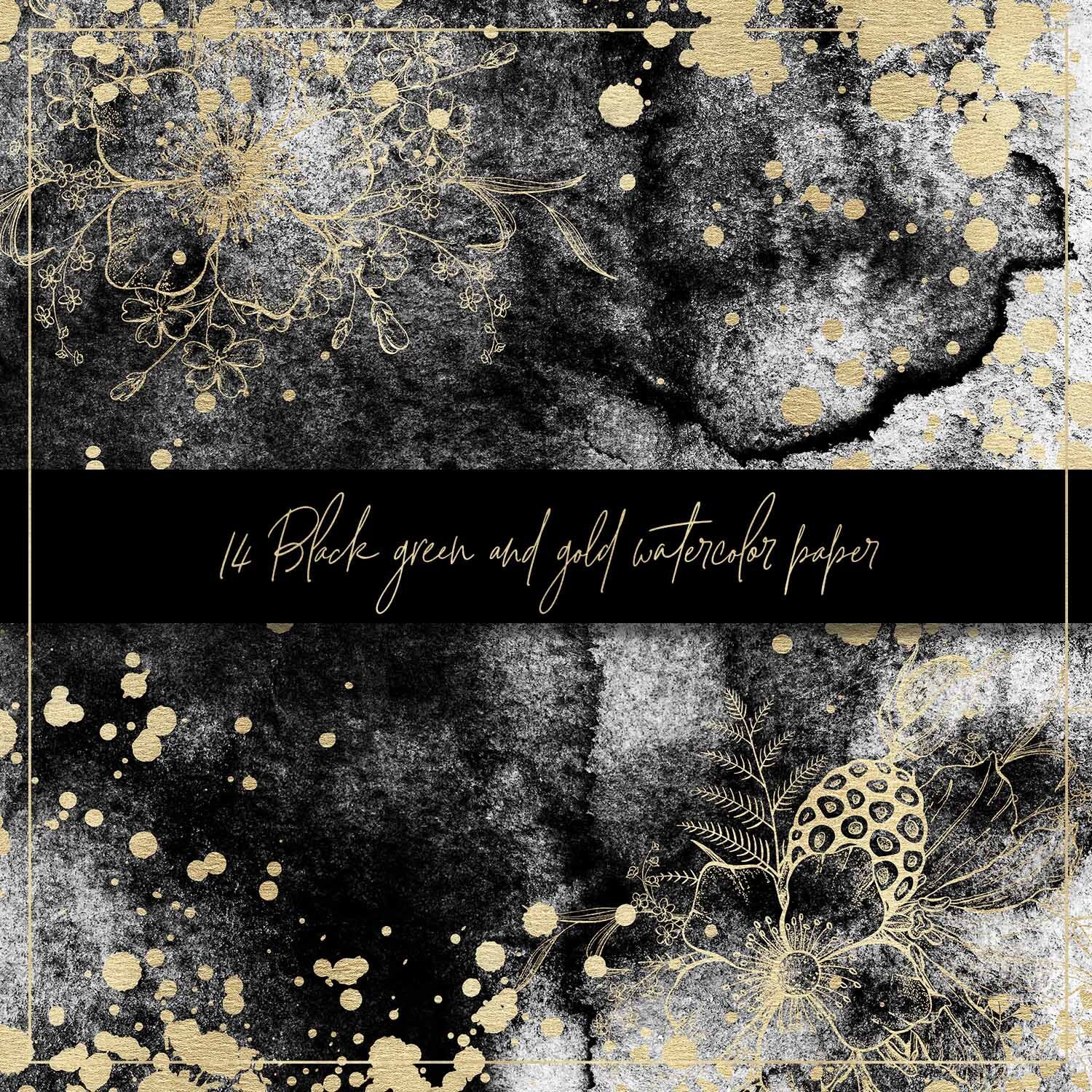 Black and green watercolor digital paper gold botanicals | Etsy