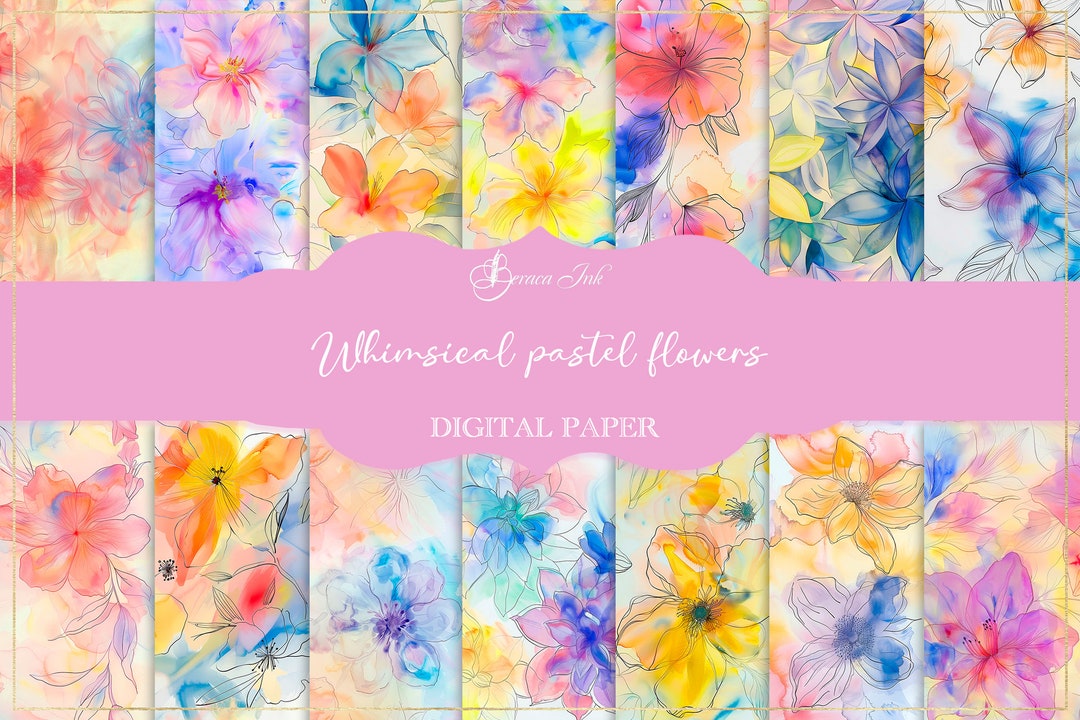 Whimsical Pastel Flowers Digital Paper, Floral Seamless Pattern ...