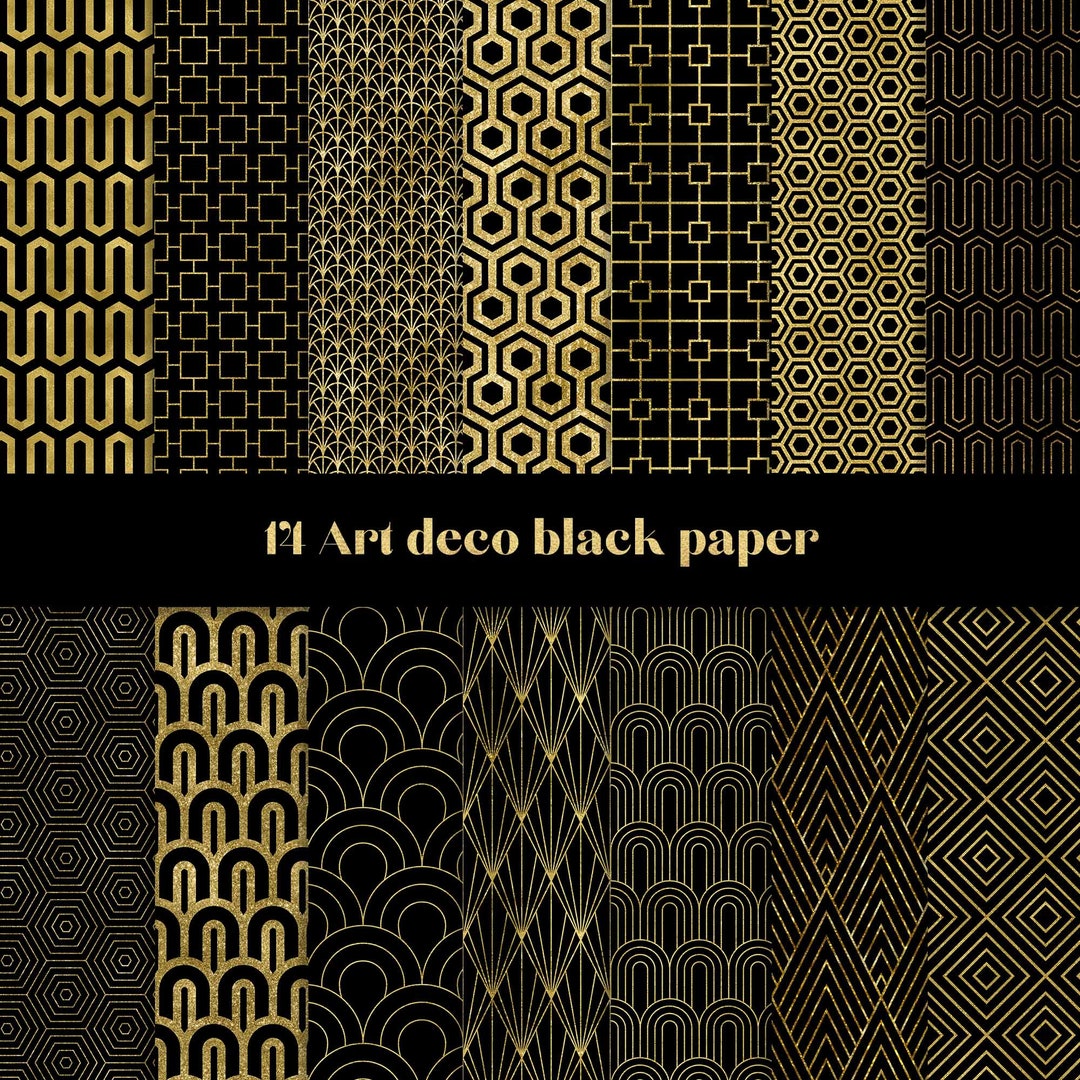 Art Deco Black Digital Paper, Seamless Paper, Gold Art Deco, Gold ...