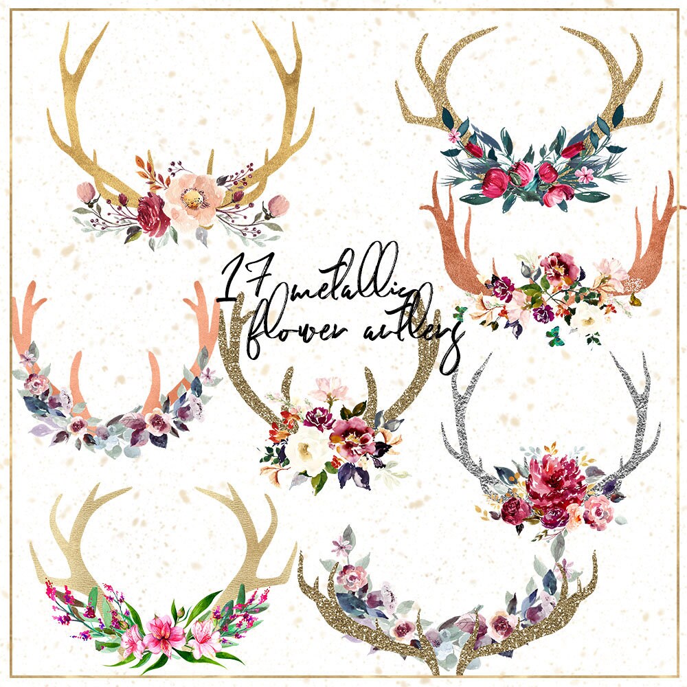 Gold Flower Antlers Clipart Metallic Rustic Deer Antlers - Etsy