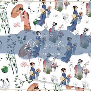 Blue Geisha Digital Paper, Seamless Pattern, Repeat Chinoiserie Paper ...