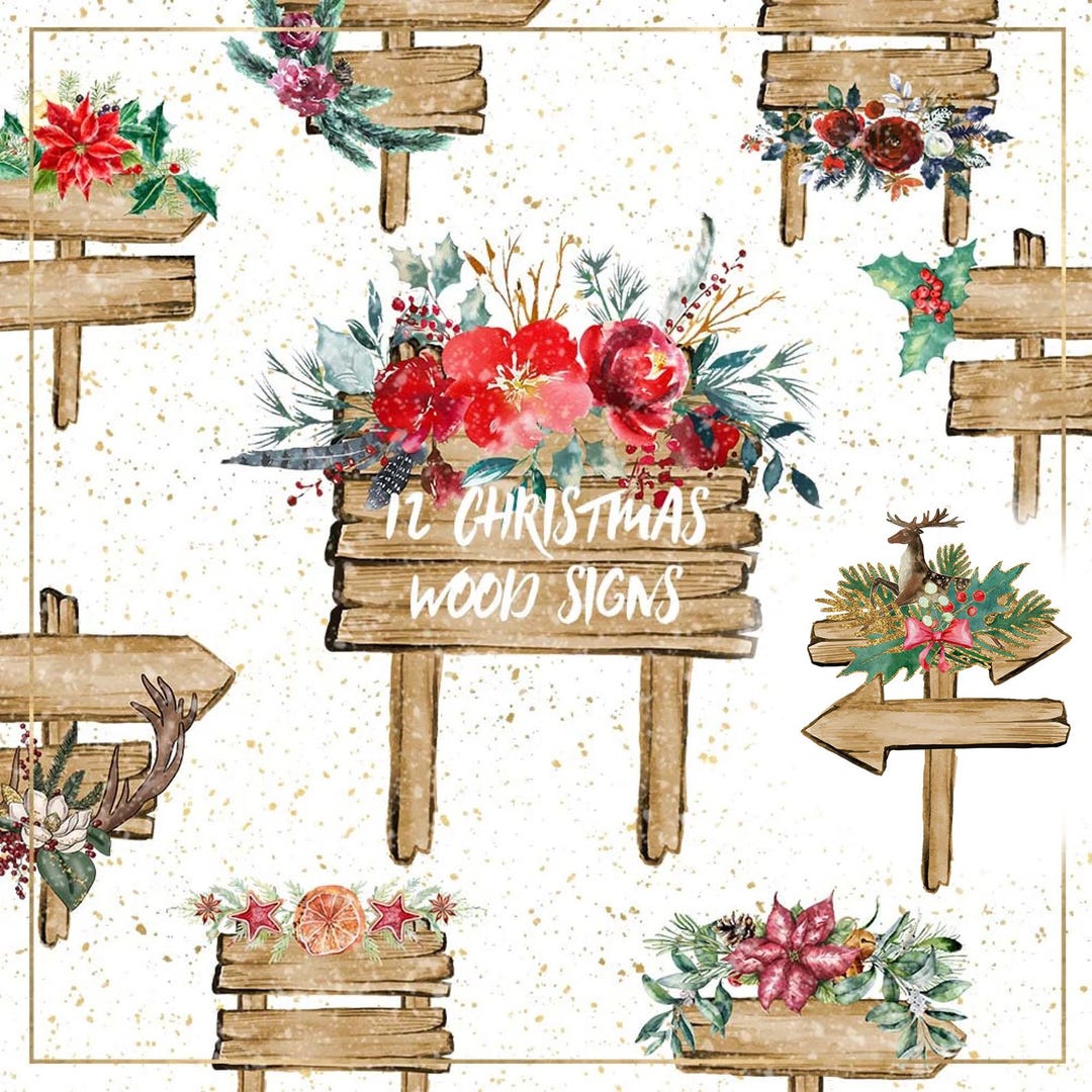 Christmas Wood Sign Clipart, Watercolor Christmas Flowers Sign, Wooden ...