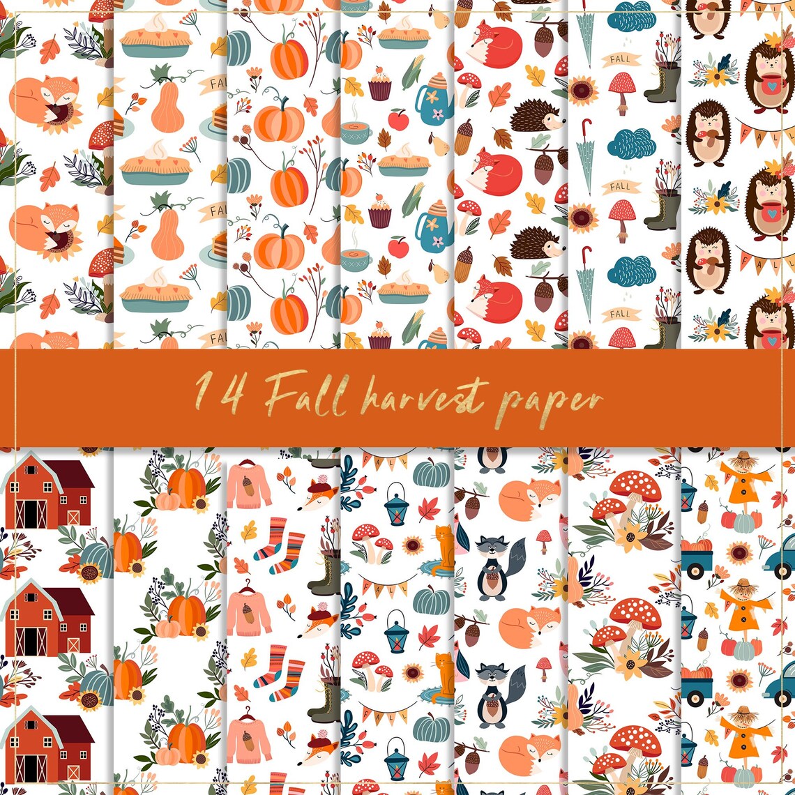 Fall Harvest Digital Paper, Seamless Pattern, Autumn Background ...
