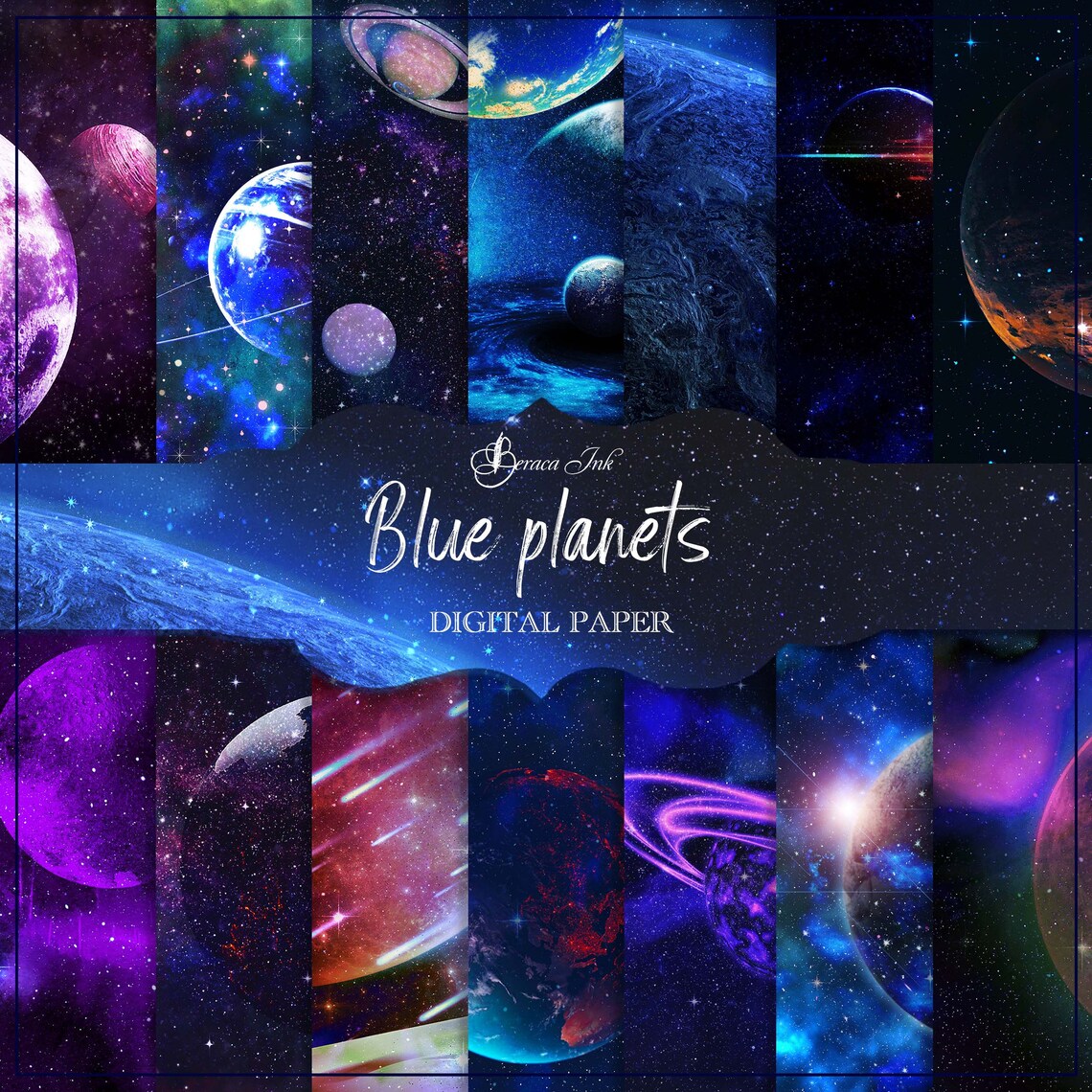 Blue Planets Digital Paper Galaxy Backdrop Outer Space - Etsy