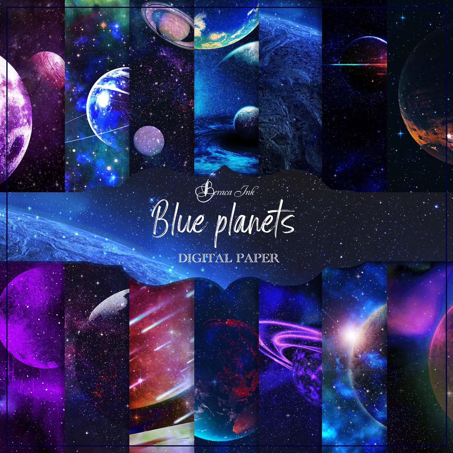 Blue Planets Digital Paper, Galaxy Backdrop, Outer Space Paper, Moon ...