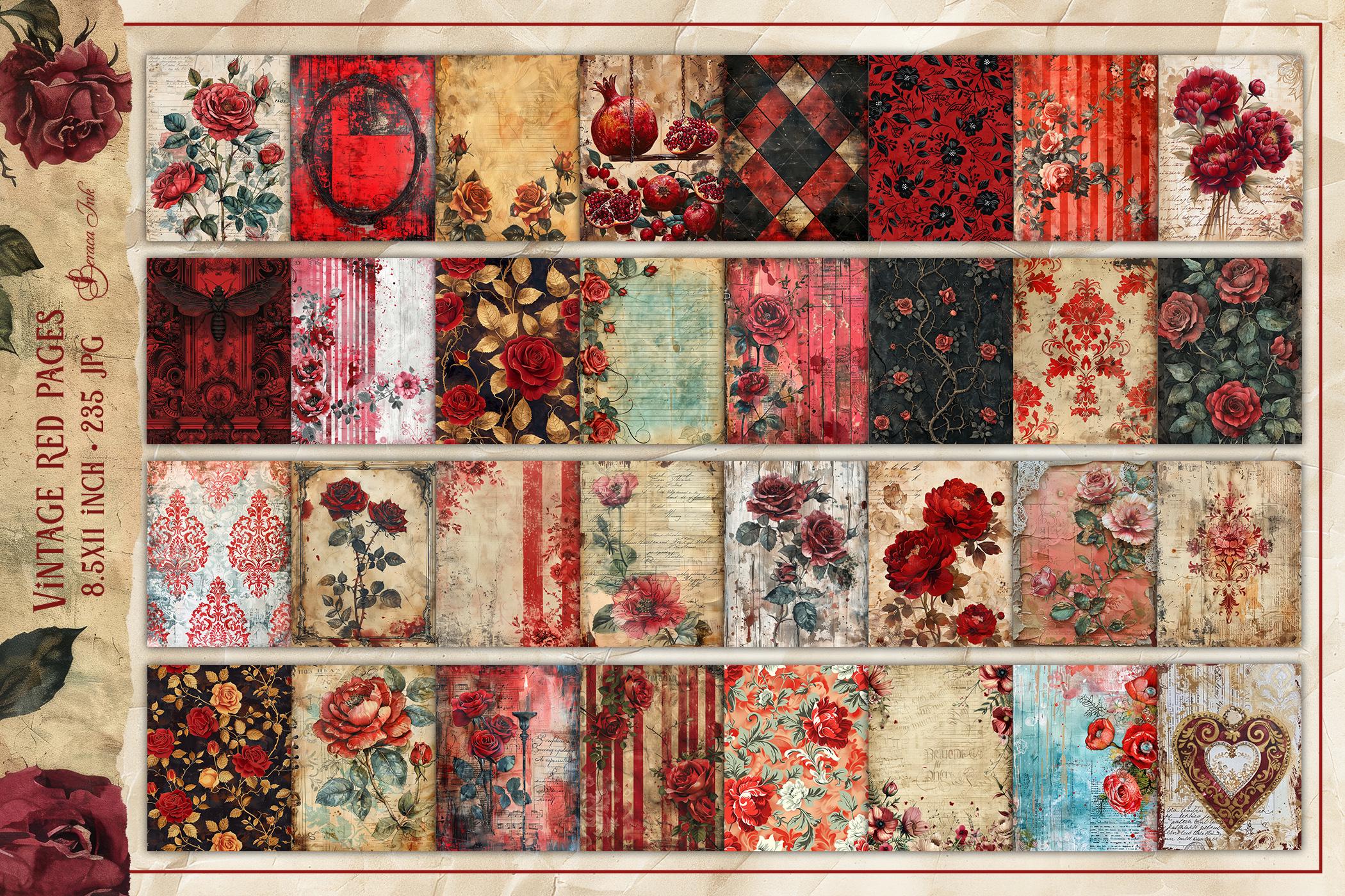 Vintage Red Junk Journal Pages Bundle, Flower Digital Paper, Red Roses ...