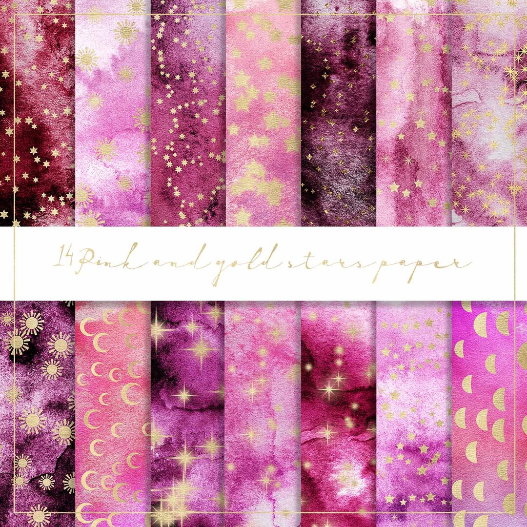 Pink Watercolor Digital Paper, Gold Stars Pattern, Pink Background ...