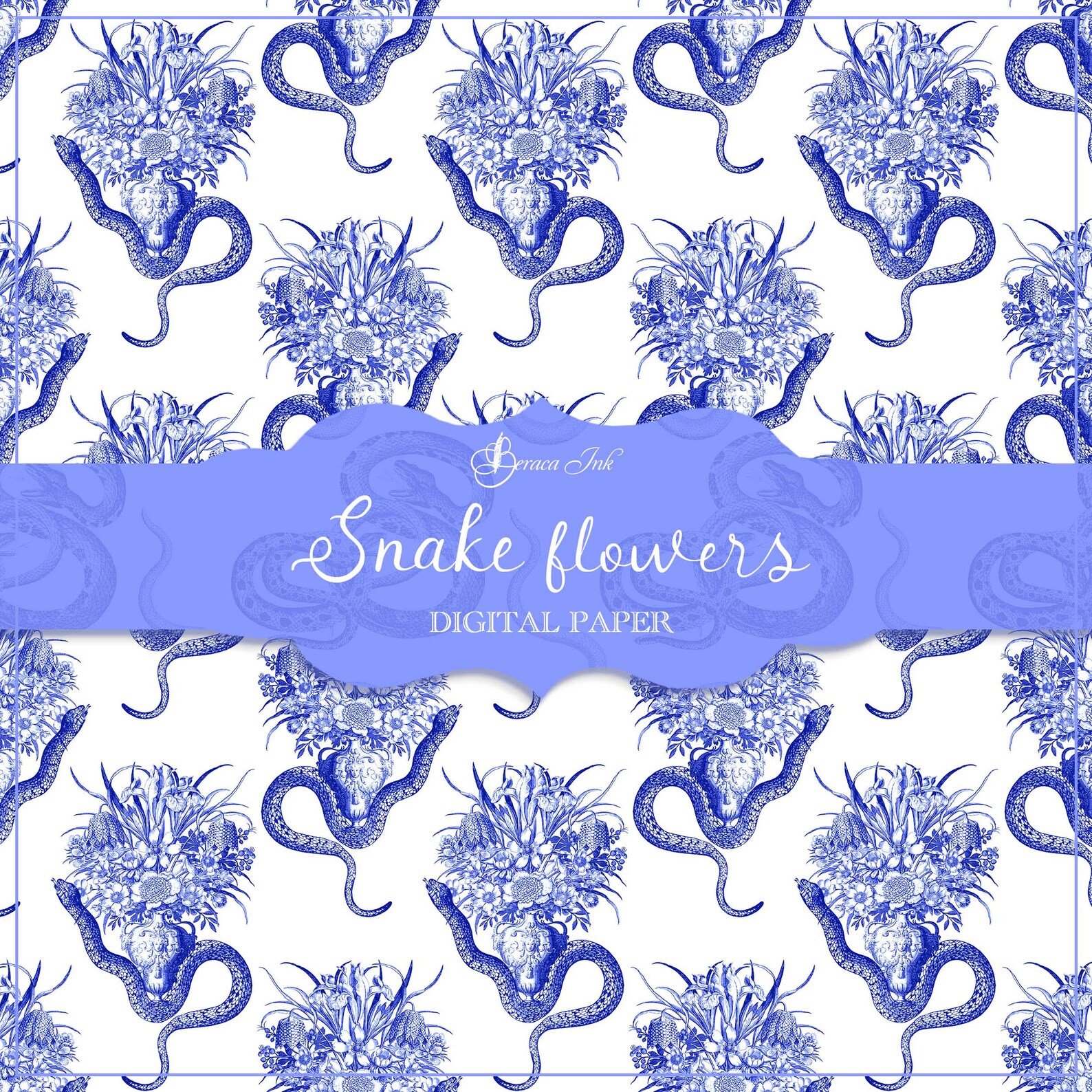Snake Flowers Digital Paper Blue Snakes Paper Chinoiserie - Etsy