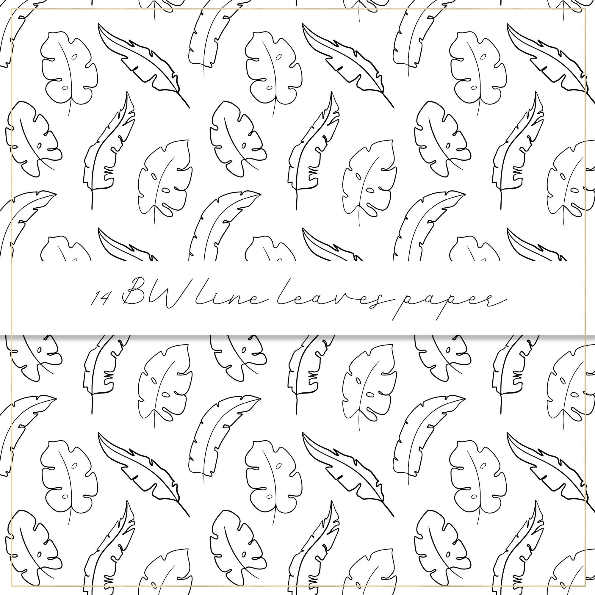 Black and White Leaves Digital Paper, Leaf Seamless Pattern, Line Art ...