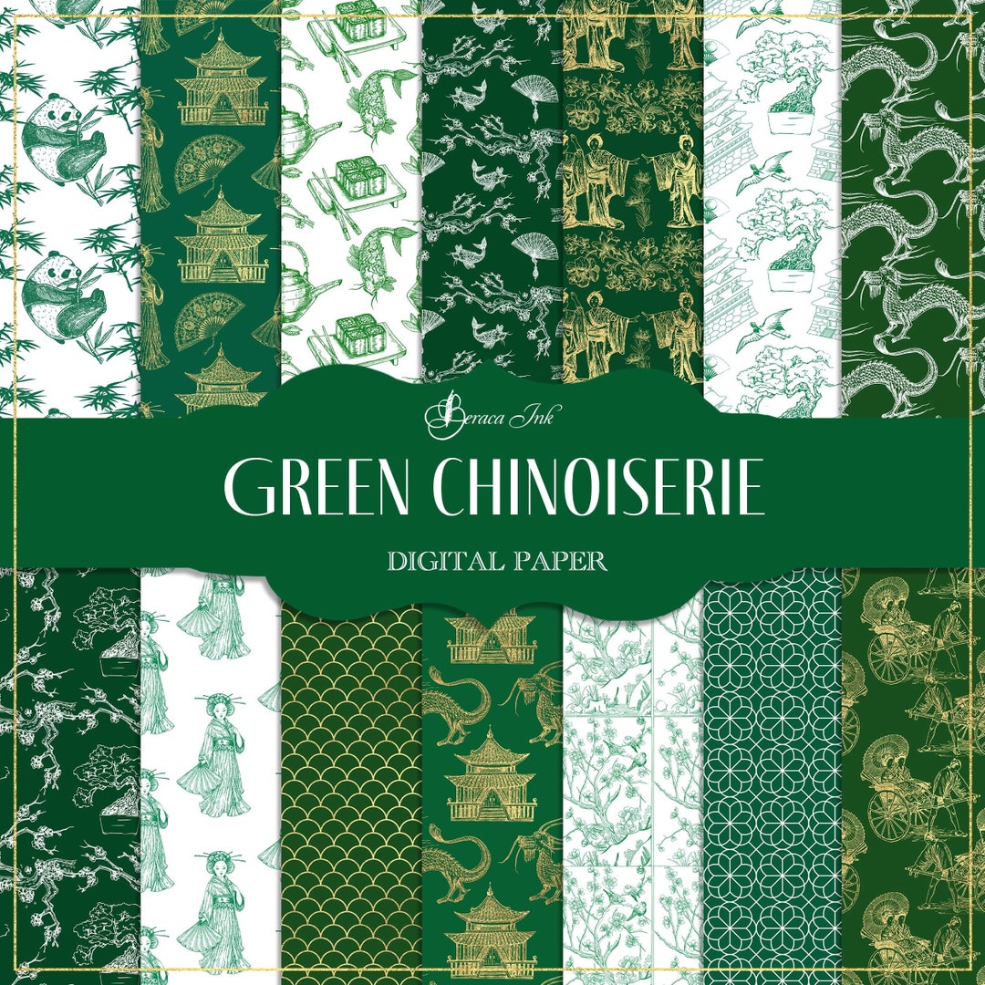 Green Chinoiserie Digital Paper, Seamless Pattern, Toile Wallpaper ...