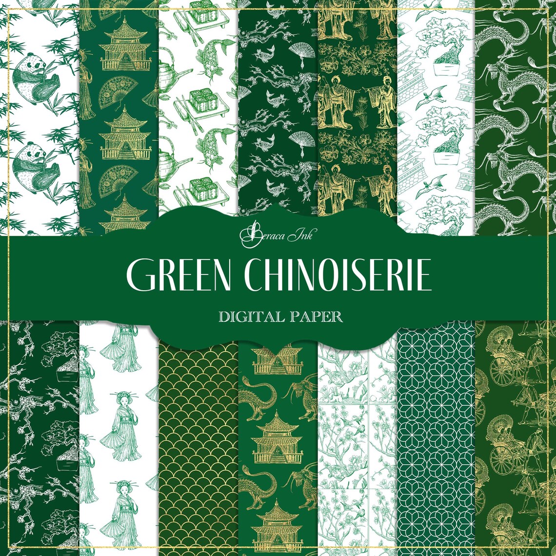 Green Chinoiserie Digital Paper Seamless Pattern Toile | Etsy