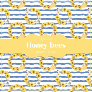 Honey Bees Digital Paper, Seamless Pattern, Sunflower Background, Bee ...