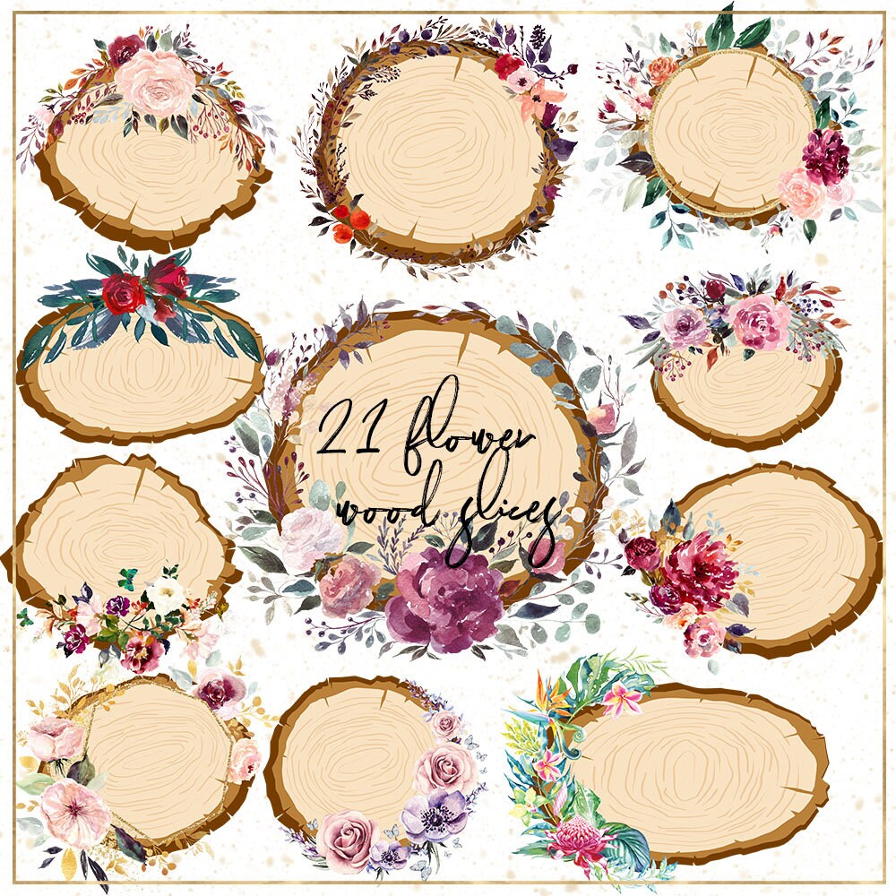 Flower Wood Slice Clipart Watercolor Flowers Clipart Flower | Etsy