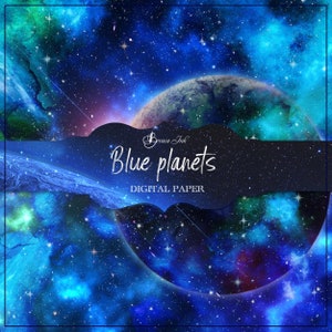Blue Planets Digital Paper, Galaxy Backdrop, Outer Space Paper, Moon ...