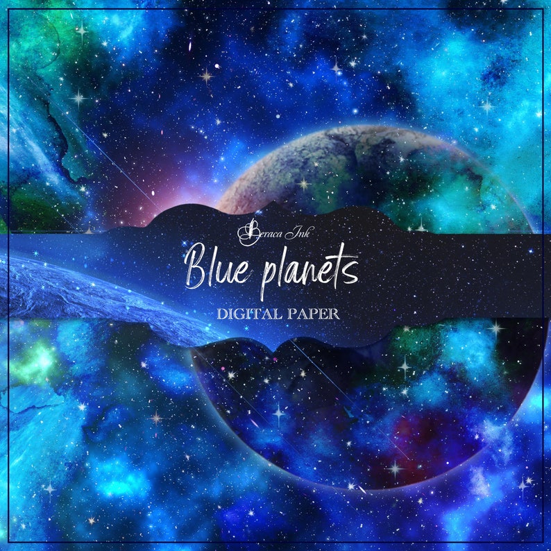 Blue Planets Digital Paper, Galaxy Backdrop, Outer Space Paper, Moon ...