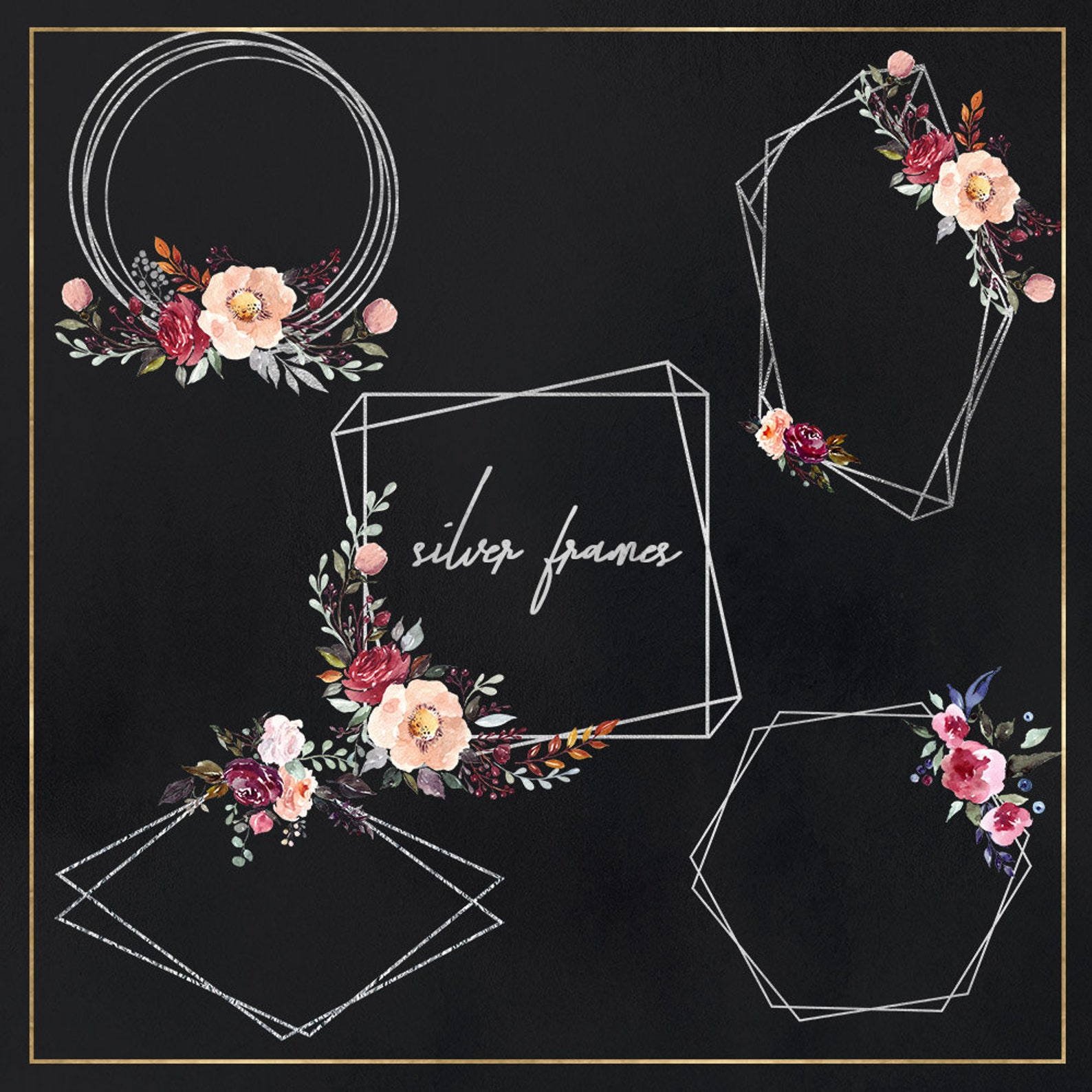 Pink Flower Geometric Frames Clipart Watercolor Flower - Etsy