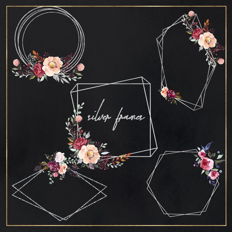 Pink Flower Geometric Frames Clipart Watercolor Flower - Etsy