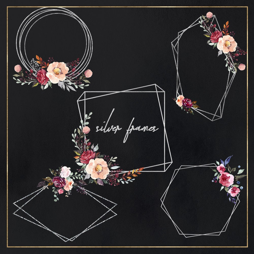 Pink Flower Geometric Frames Clipart Watercolor Flower - Etsy