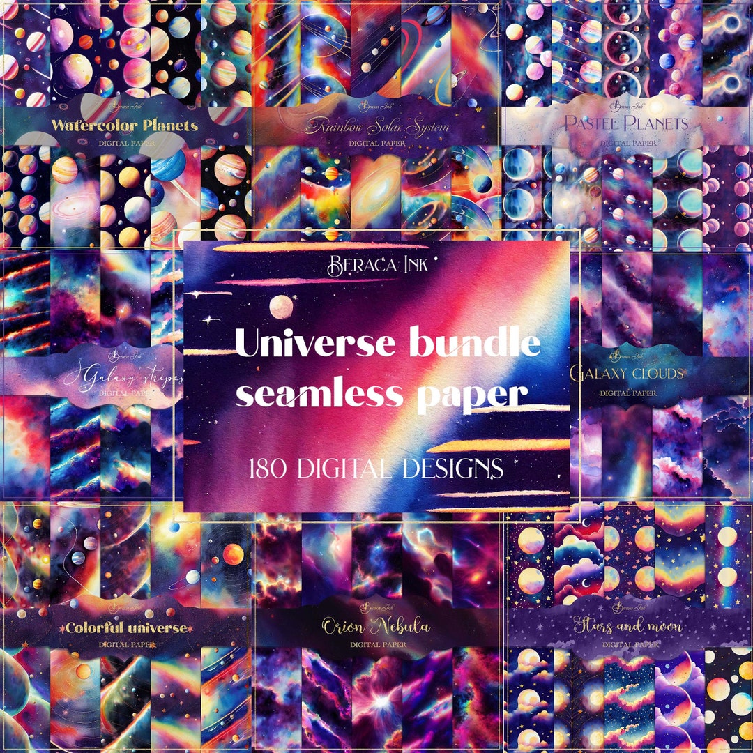 Universe Seamless Digital Paper BUNDLE, Watercolor Galaxy Background ...