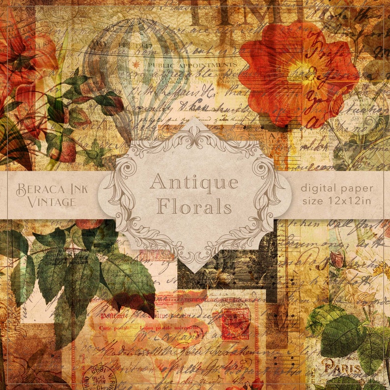 Antique Florals Digital Paper, Vintage Botanicals, Old Documents ...