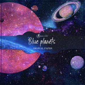 Blue Planets Digital Paper, Galaxy Backdrop, Outer Space Paper, Moon ...