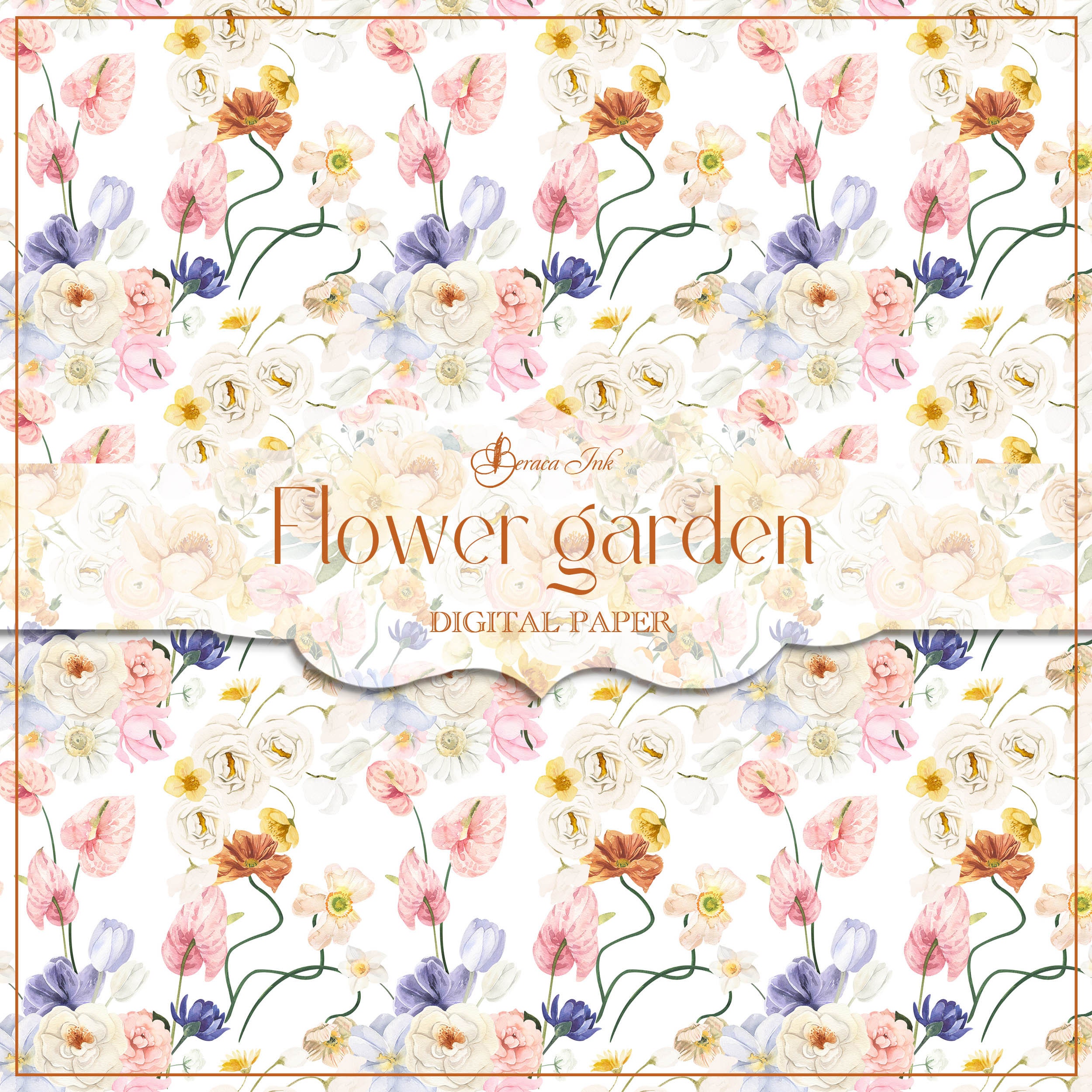Flower Garden Digital Paper, Seamless Pattern, Bohemian Flowers, Fabric ...