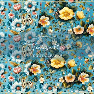 Vintage Blue Digital Paper, Seamless Pattern, Floral Wallpaper, Shabby ...