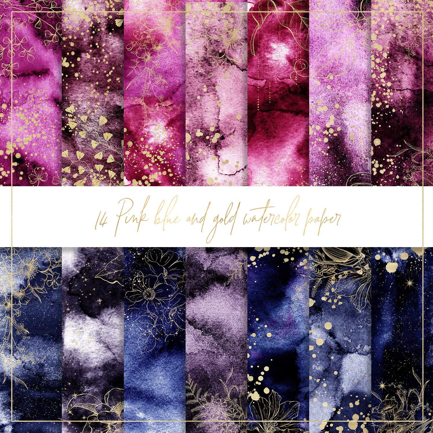 Pink and blue watercolor digital paper gold botanicals | Etsy