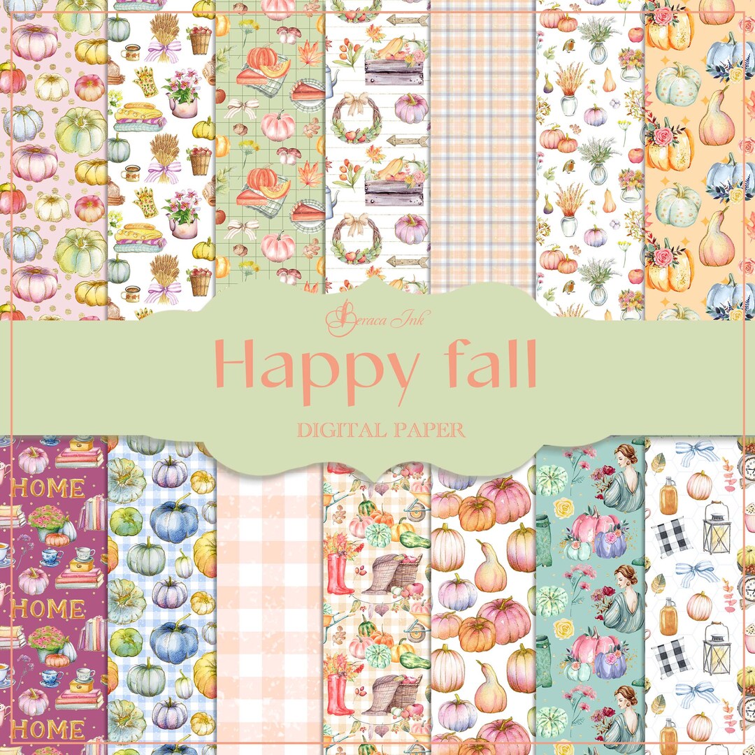 Happy Fall Digital Paper, Seamless Pattern, Pastel Autumn, Pumpkin Pie ...