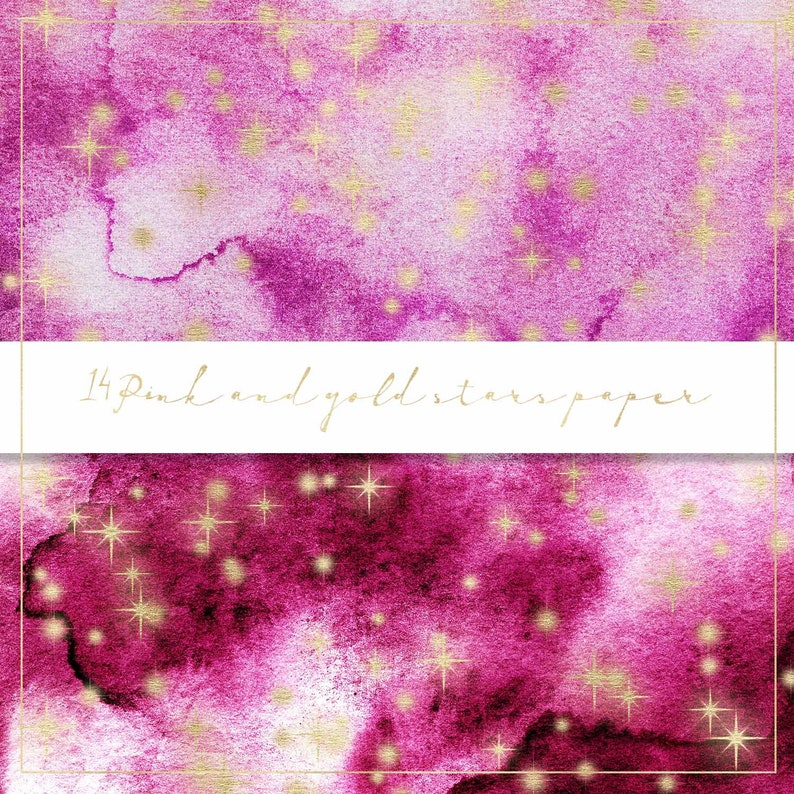 Pink Watercolor Digital Paper, Gold Stars Pattern, Pink Background ...