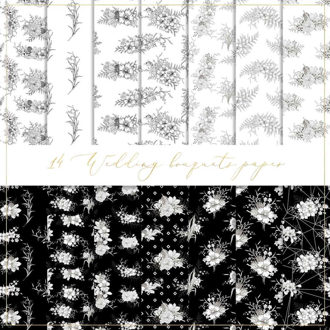 Wedding Bouquets Digital Paper, Seamless Pattern, Black and White ...