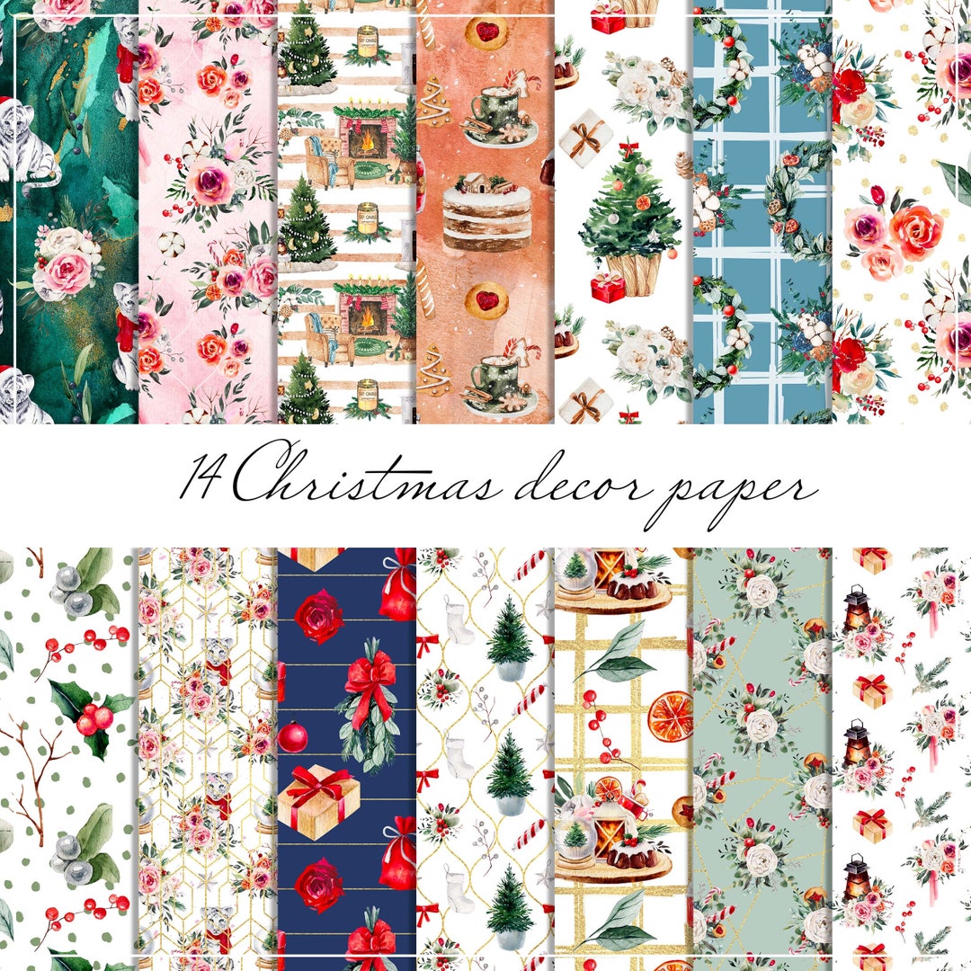 Christmas Decor Digital Paper, Seamless Floral Pattern, Watercolor ...