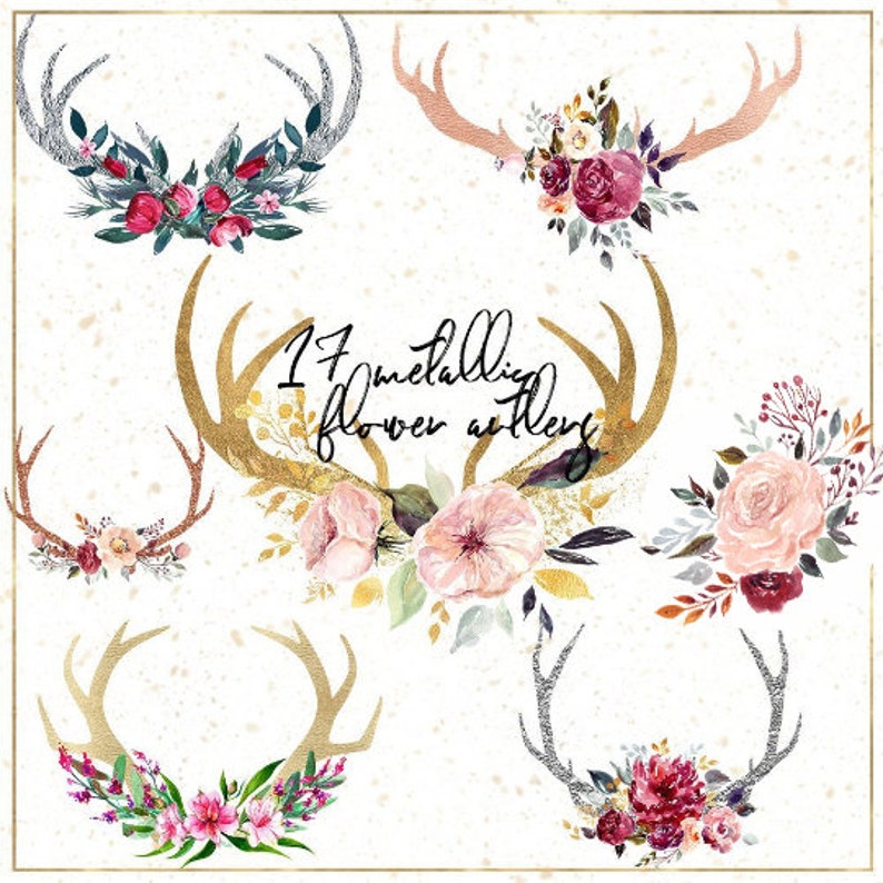 Gold Flower Antlers Clipart Metallic Rustic Deer Antlers - Etsy