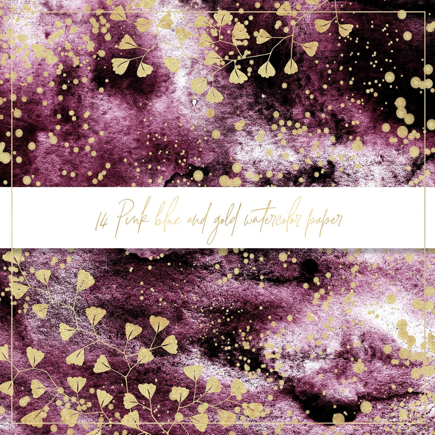 Pink and blue watercolor digital paper gold botanicals | Etsy