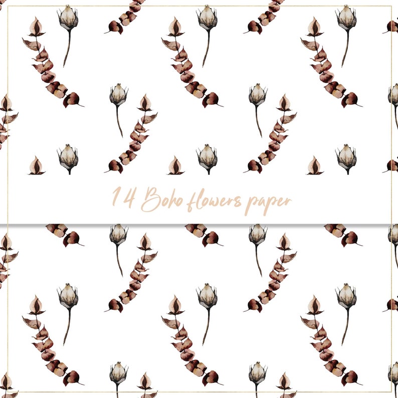 Boho Flowers Digital Paper, Floral Seamless Pattern, Pampas Grass, Dead ...