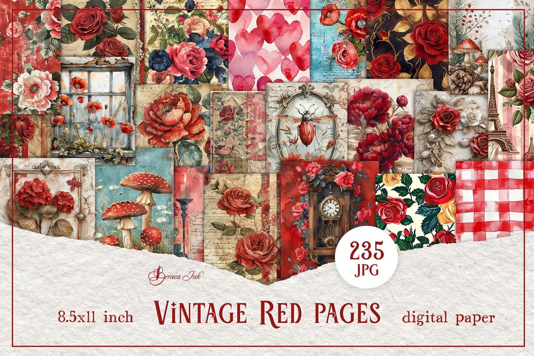 Vintage Red Junk Journal Pages Bundle, Flower Digital Paper, Red Roses ...