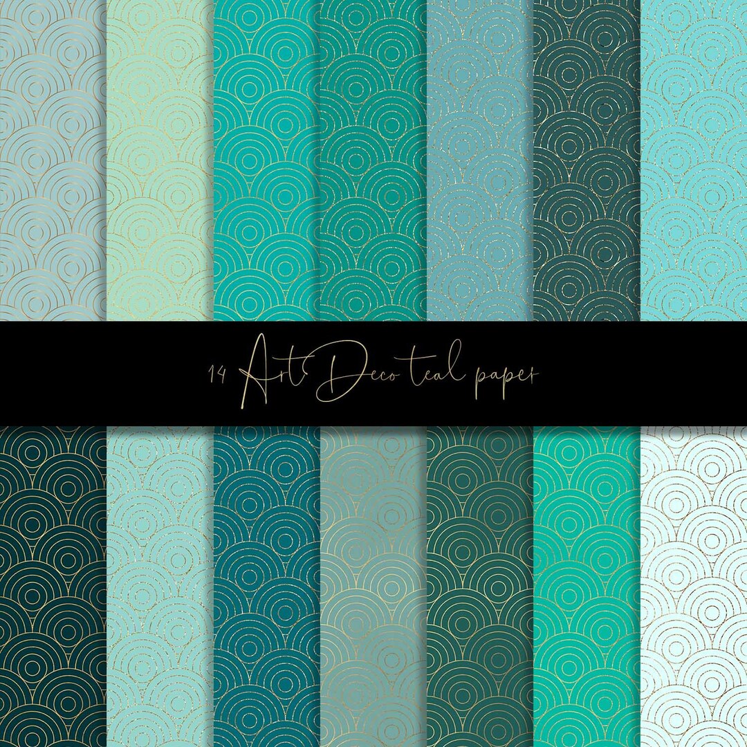 Art Deco Teal Digital Paper, Turquoise Background , Gold Geometric ...