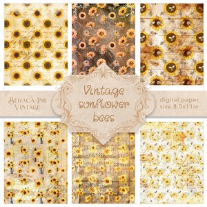 Vintage Sunflower Bees Digital Paper, LETTER Size, Honey Bee Ephemera ...