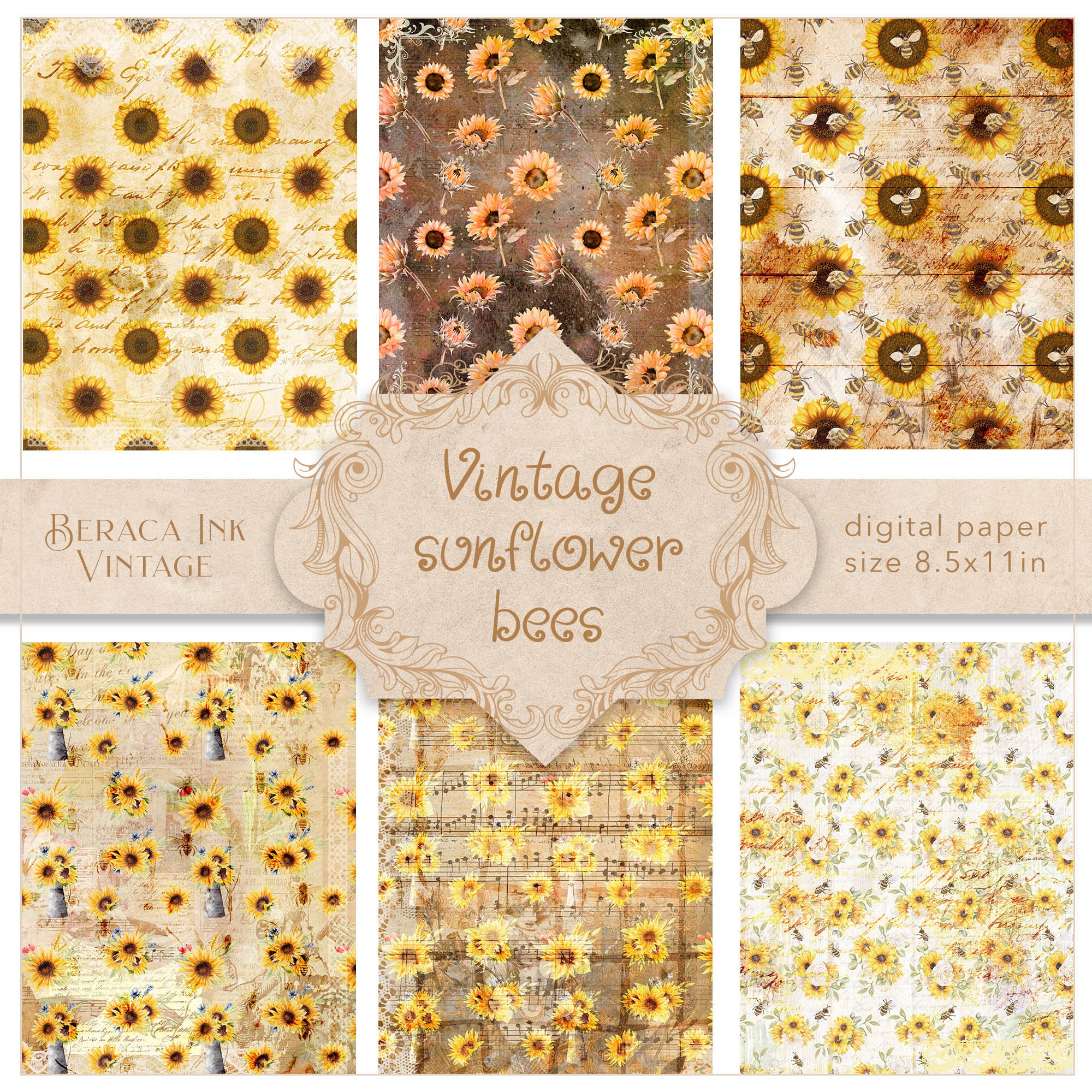 Vintage Sunflower Bees Digital Paper LETTER Size Honey Bee - Etsy