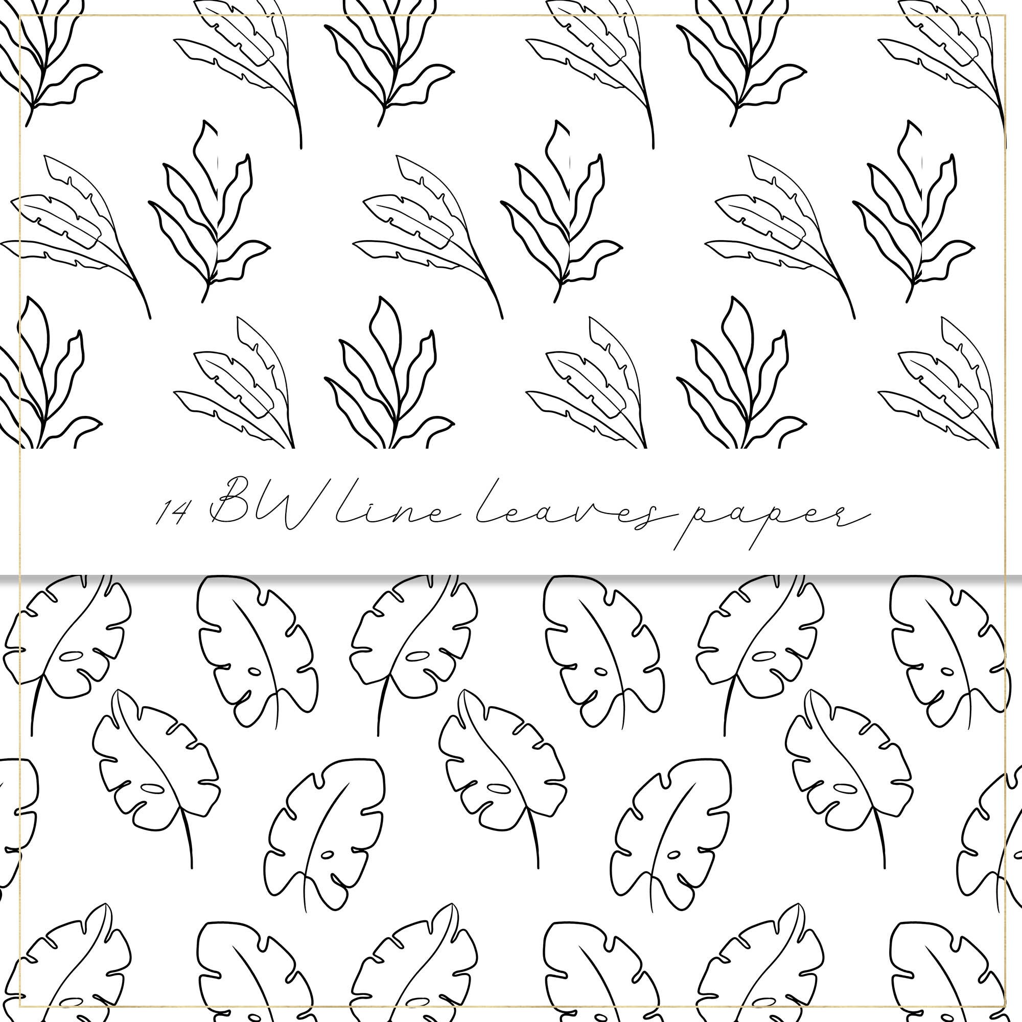 Black and White Leaves Digital Paper, Leaf Seamless Pattern, Line Art ...