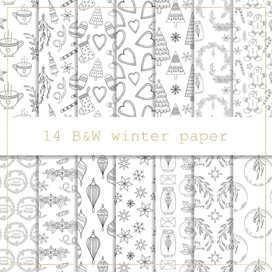 Black and White Winter Digital Paper, Seamless Pattern, Hand Drawn ...