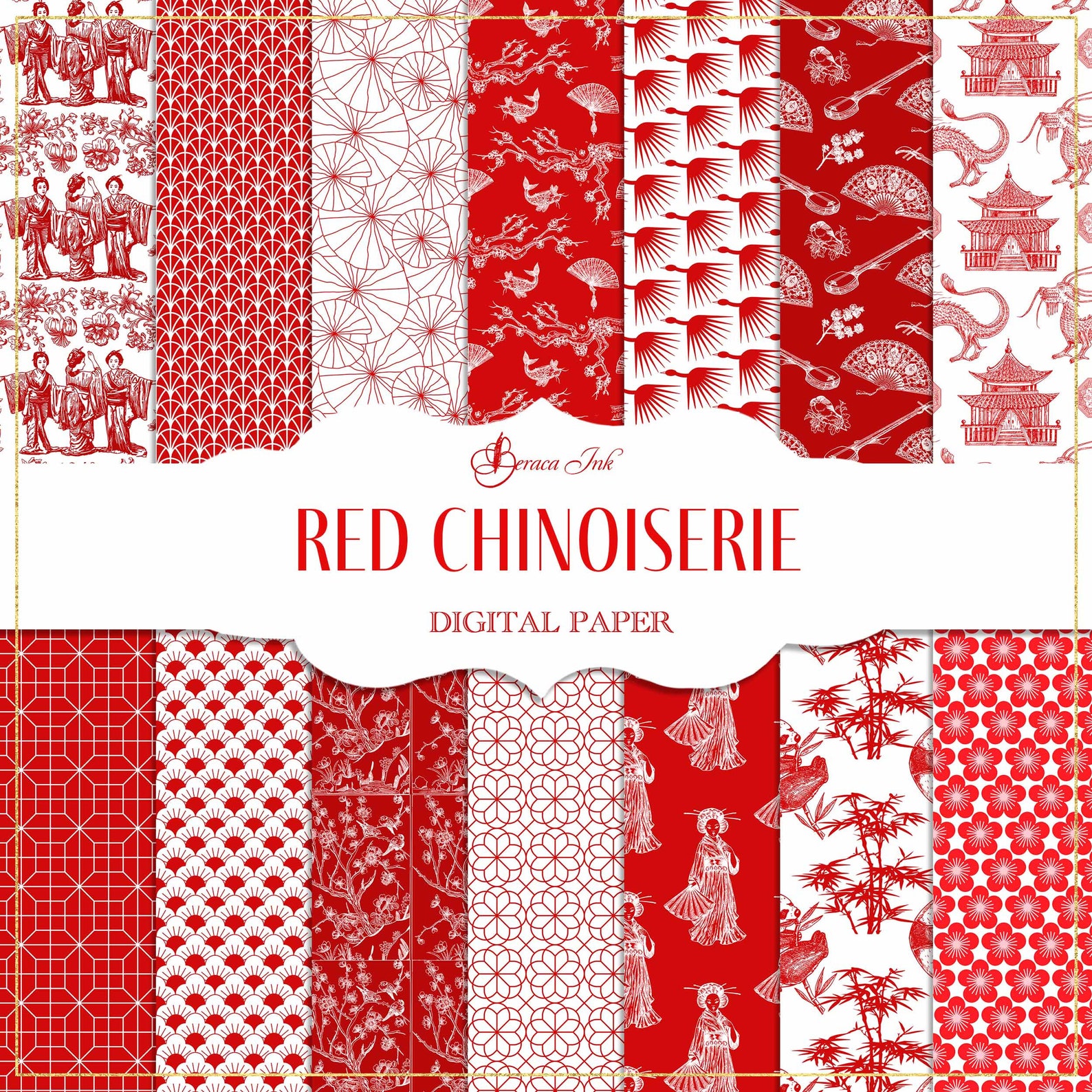 Red Chinoiserie Digital Paper, Seamless Pattern, Asian Wallpaper ...