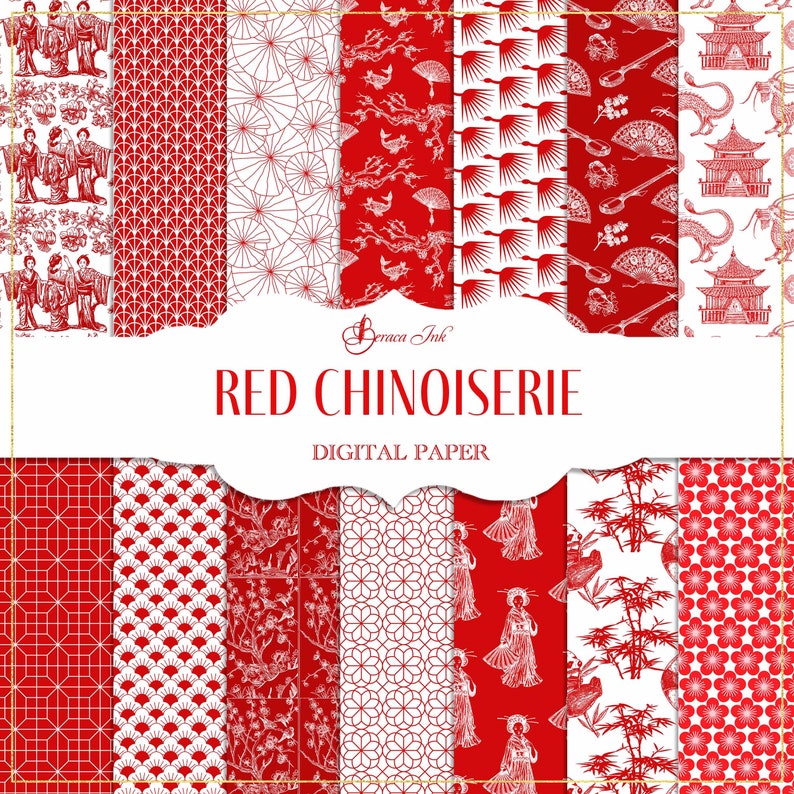 Red Chinoiserie Digital Paper, Seamless Pattern, Asian Wallpaper ...