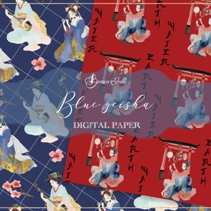 Blue Geisha Digital Paper, Seamless Pattern, Repeat Chinoiserie Paper ...